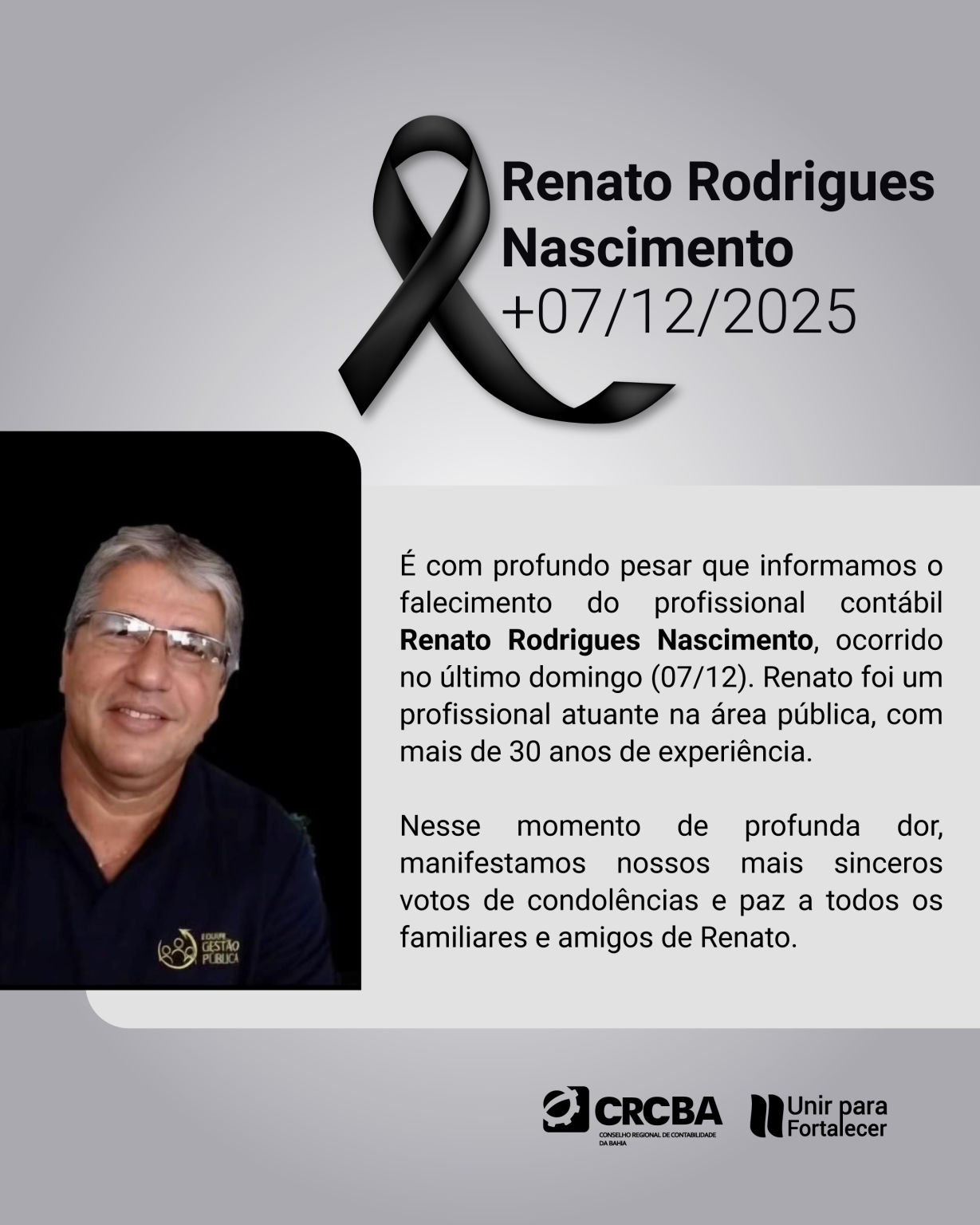 Nota de falecimento - Renato Rodrigues Nascimento | CRCBA