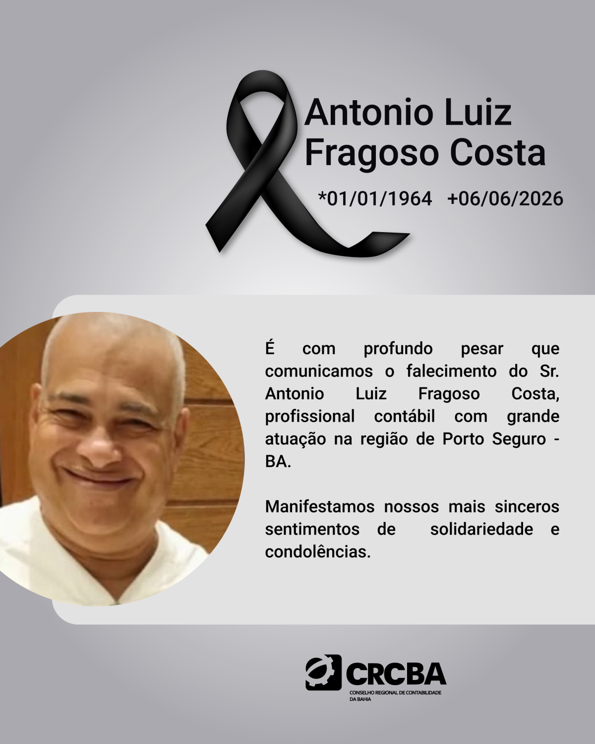 Nota de Falecimento - Antonio Luiz Fragoso Costa | CRCBA